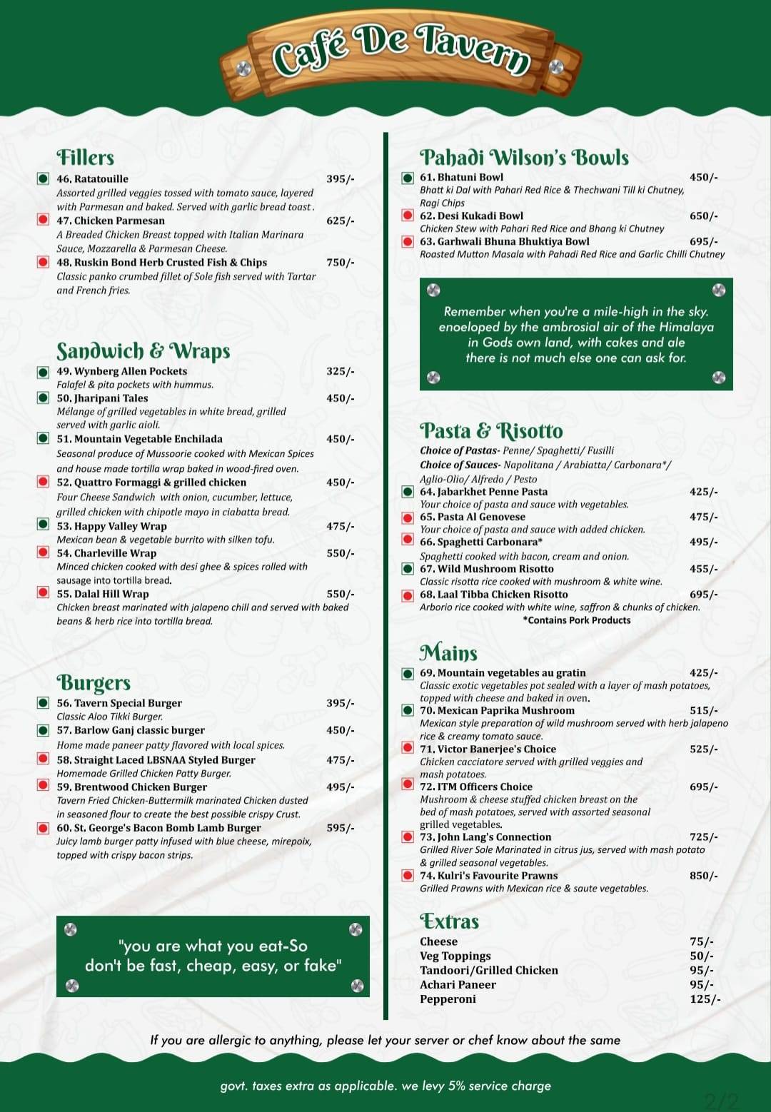 Menu at Cafe De Tavern, Mussoorie