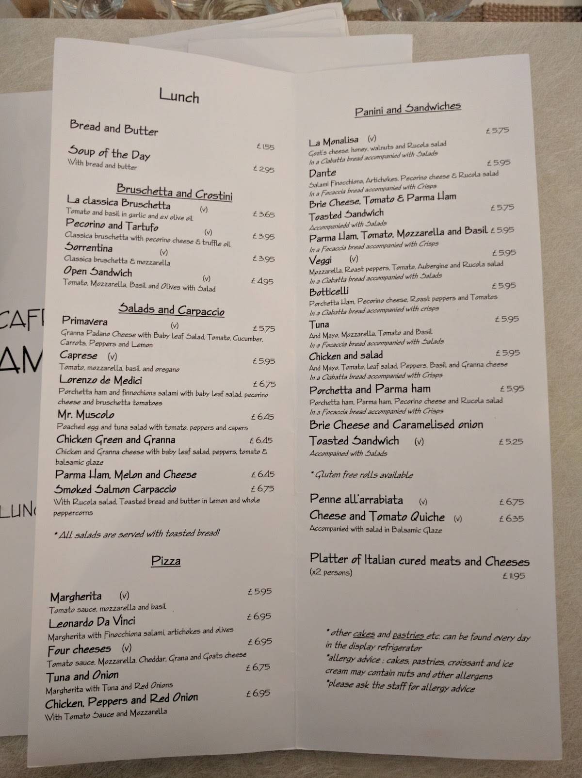 Menu at Cafe Fame, Glasgow