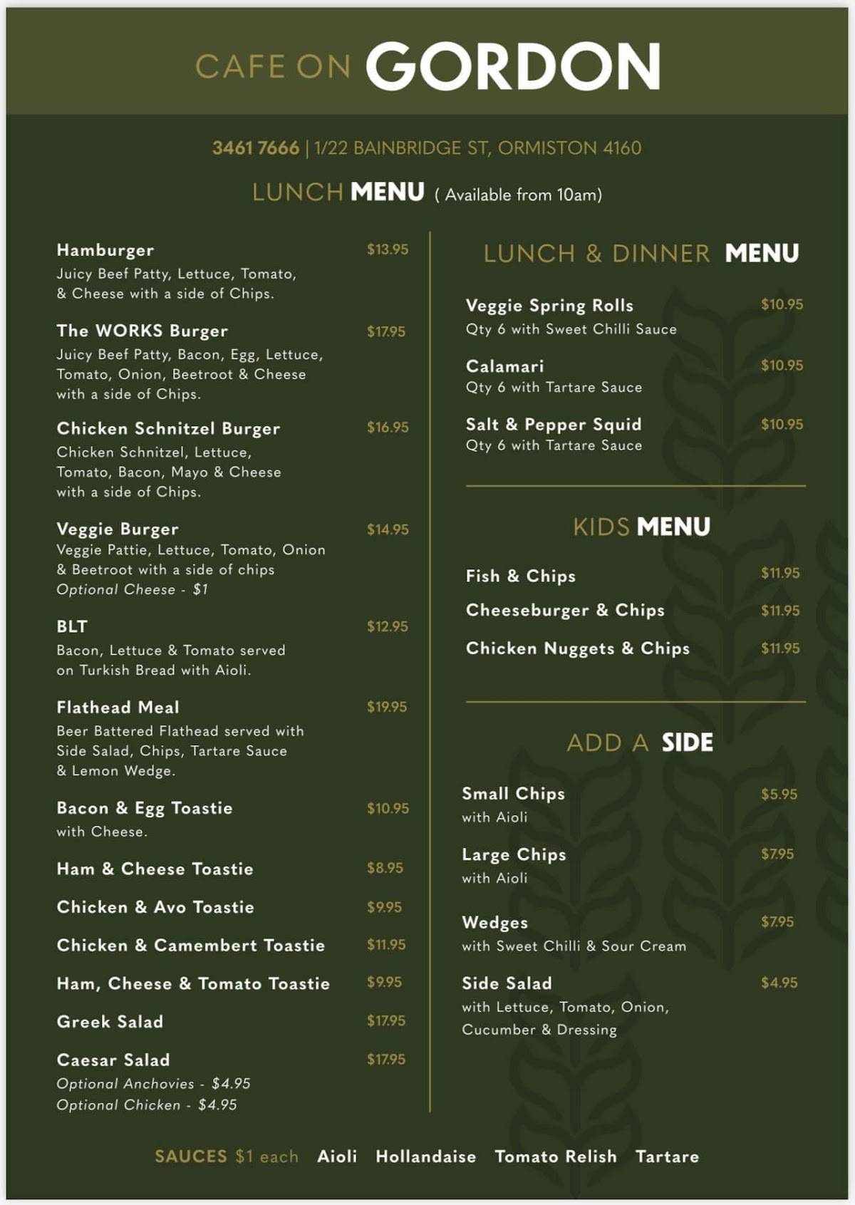 Menu at Cafe on Gordon, Ormiston