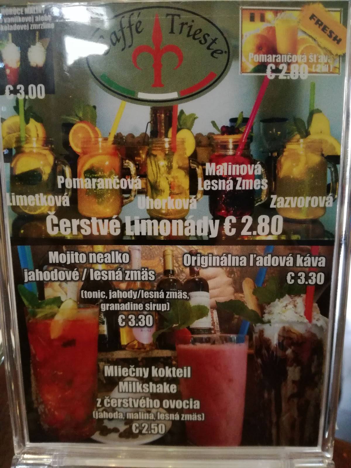Menu at Caffé Trieste cafe, Prešov