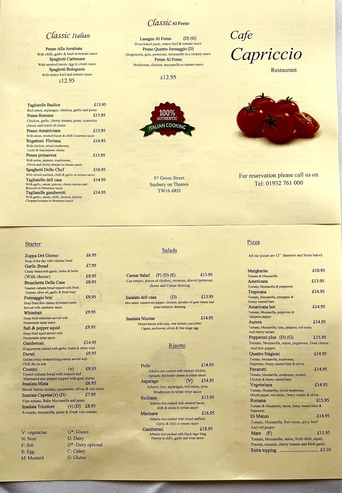 Menu at Capriccio Italiano Restaurant, Sunbury-on-Thames
