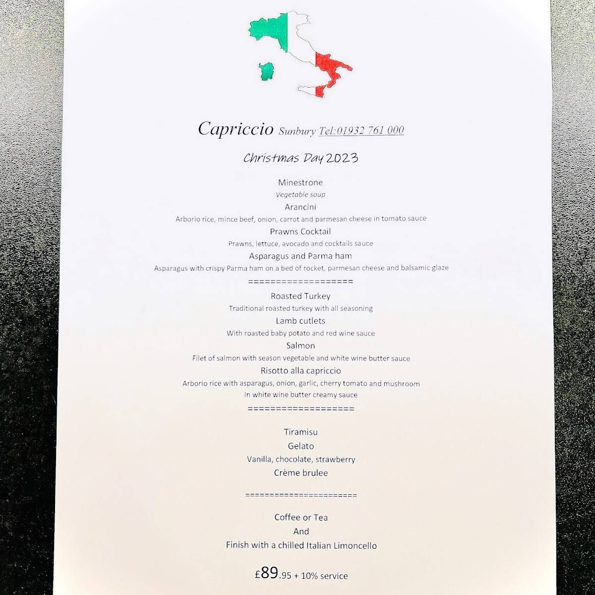 Menu at Capriccio Italiano Restaurant, Sunbury-on-Thames