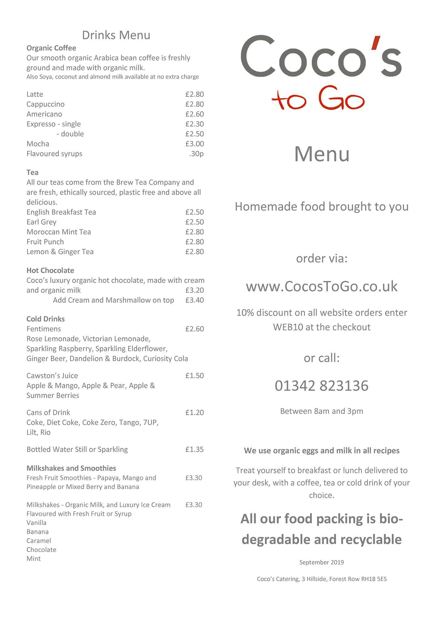 Menu at Cafe Coco, Forest Row