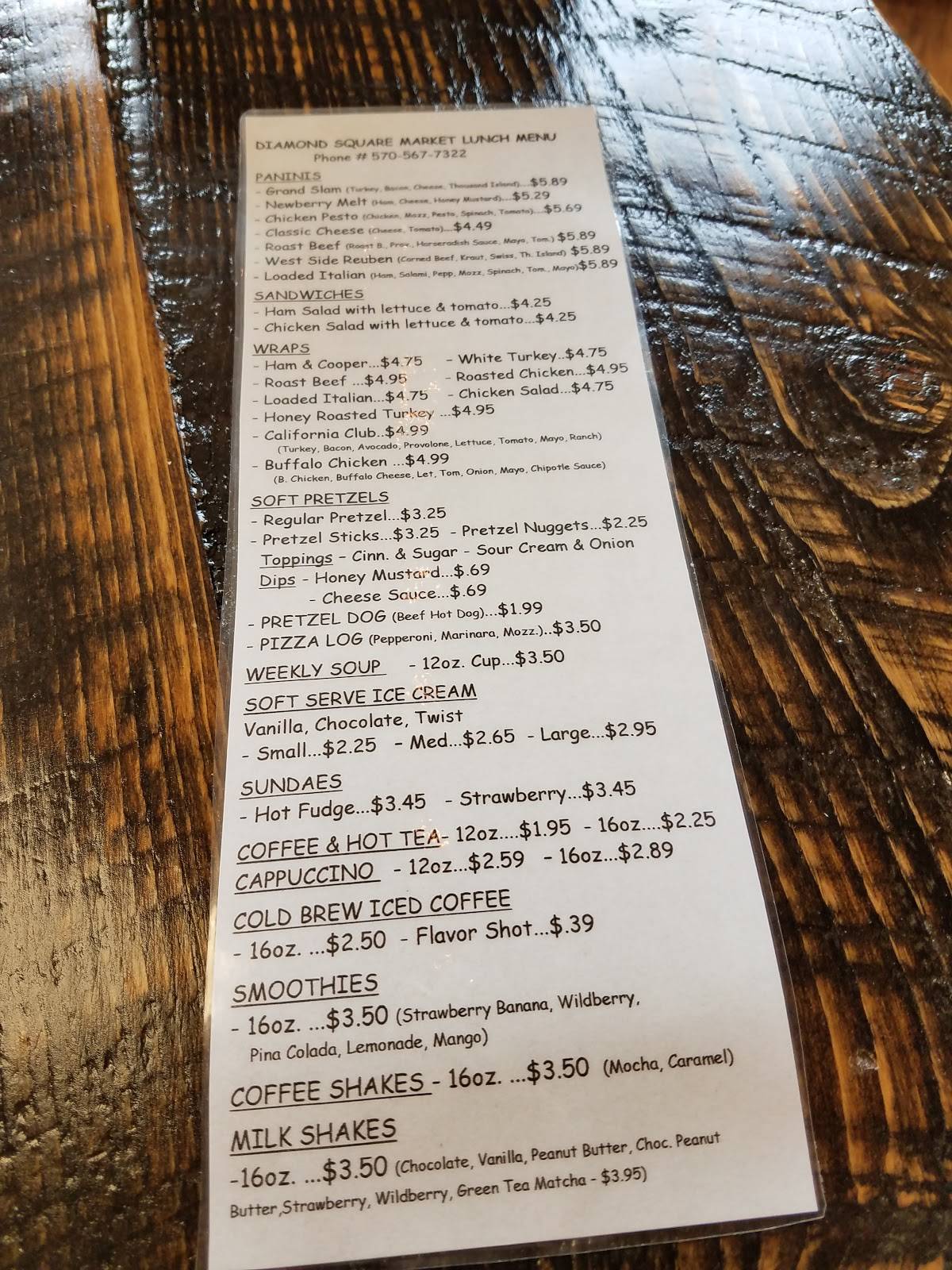 Menu at Diamond Square Market Deli Cafe, Williamsport