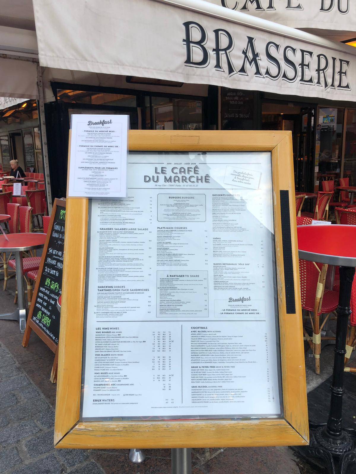 Menu at Café Du Marché, Paris, 38 Rue Cler