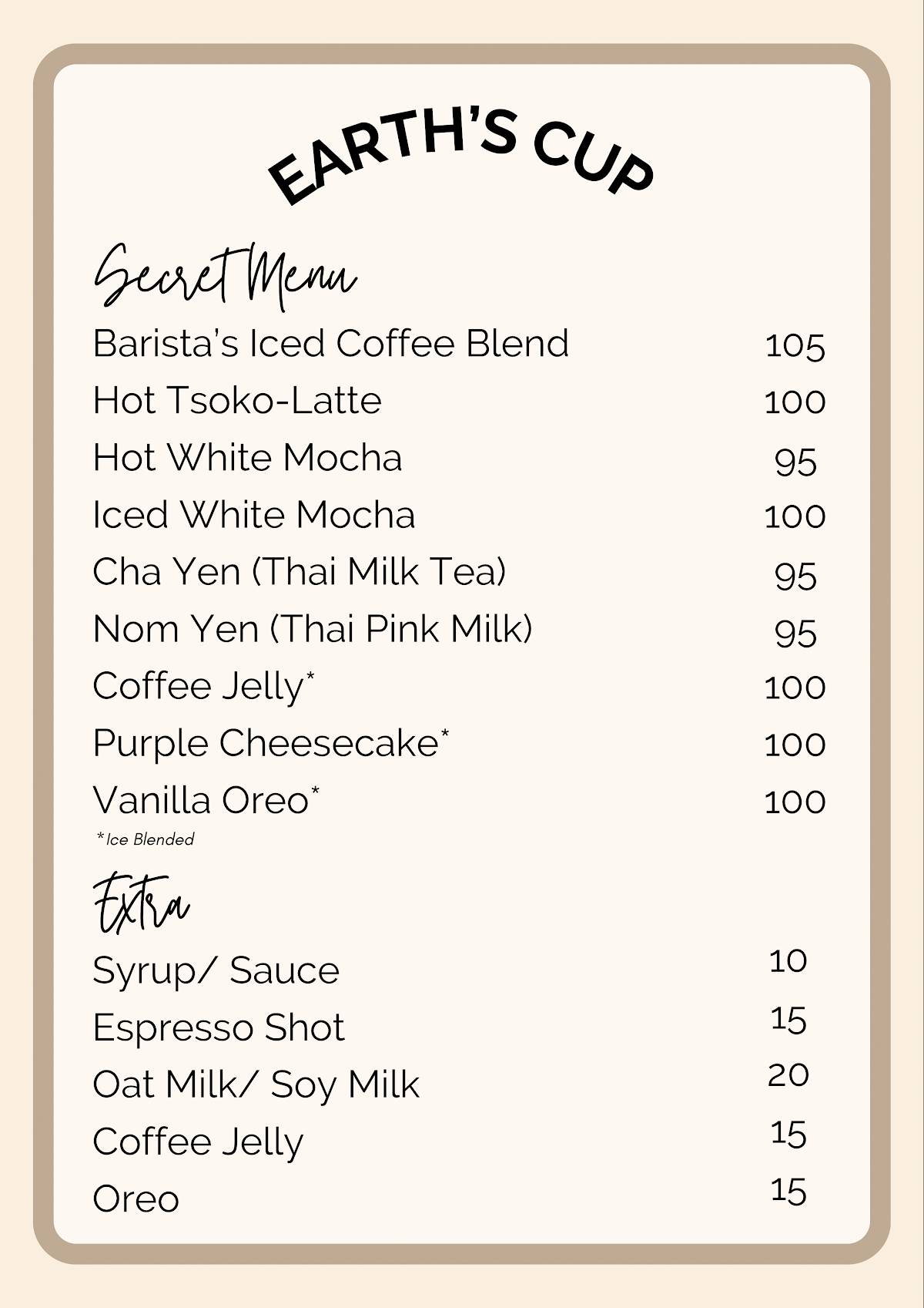 Menu at Earth's Cup Coffee and Cacao Farm cafe, Magallanes