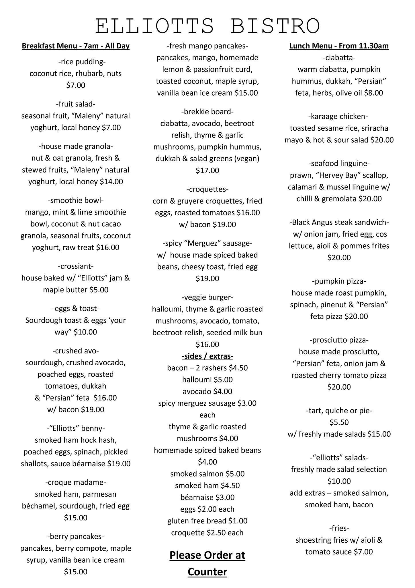 Menu at Elliott's Bistro cafe, Alexandra Headland