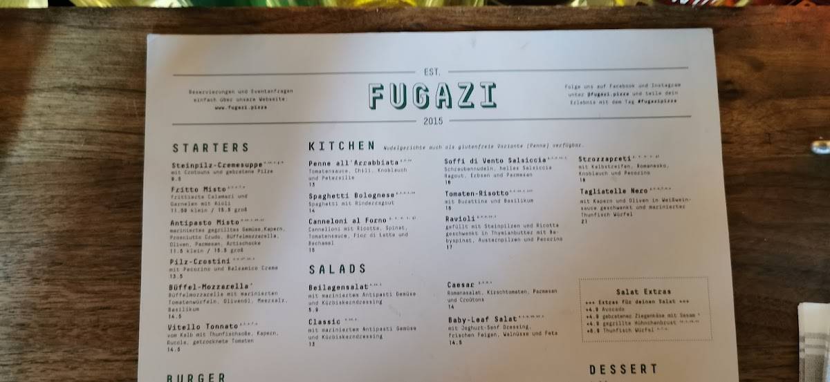 Speisekarte von Fugazi N°15 cafe, München