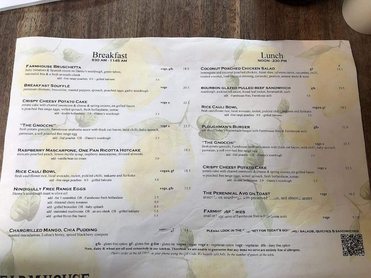 Menu at Farmhouse, Kedron Cafe, Kedron