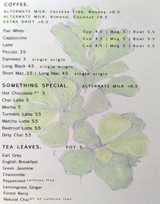 Menu at Fiddle Leaf cafe, Bulimba