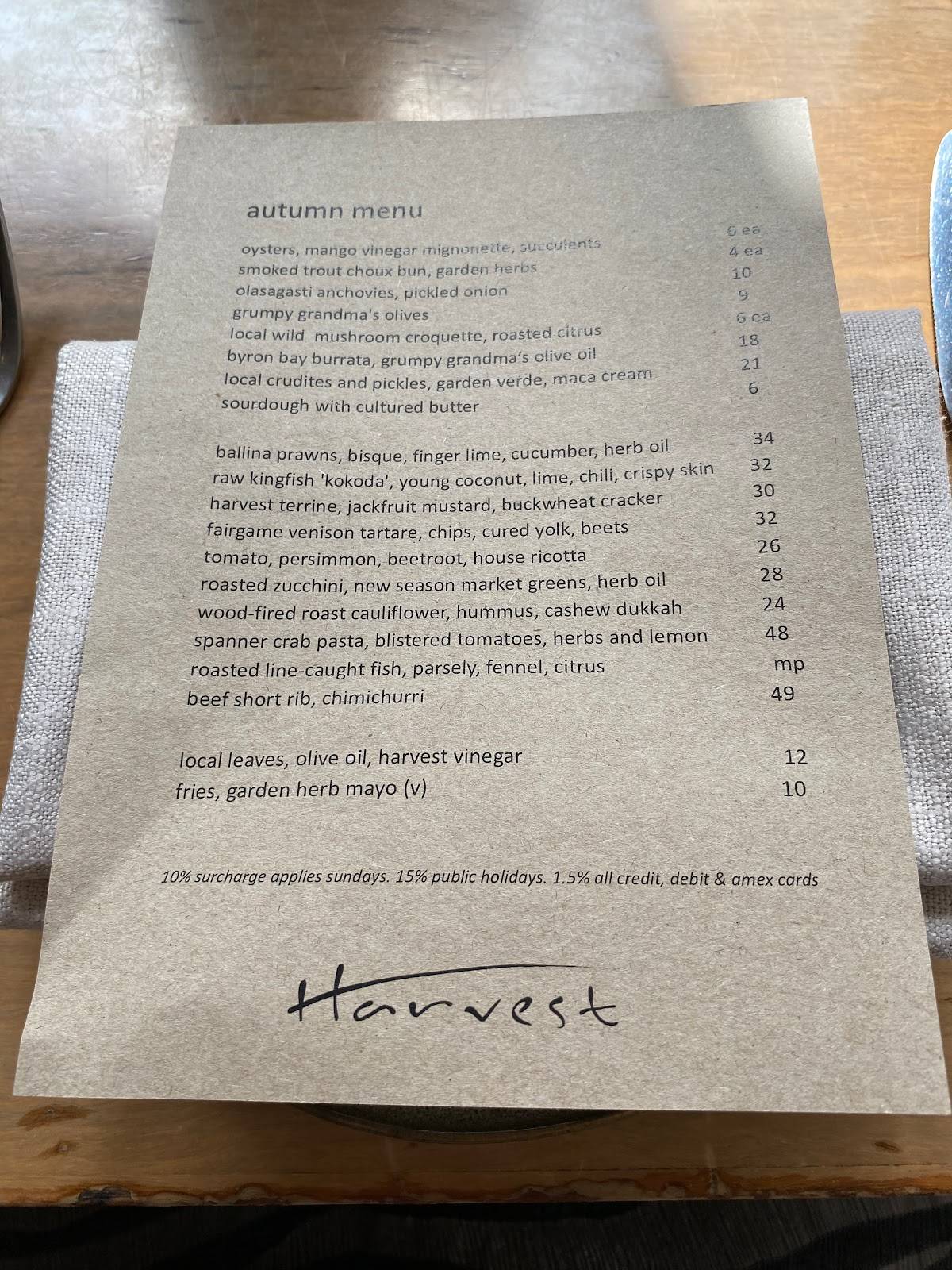Menu at Harvest Newrybar, Newrybar
