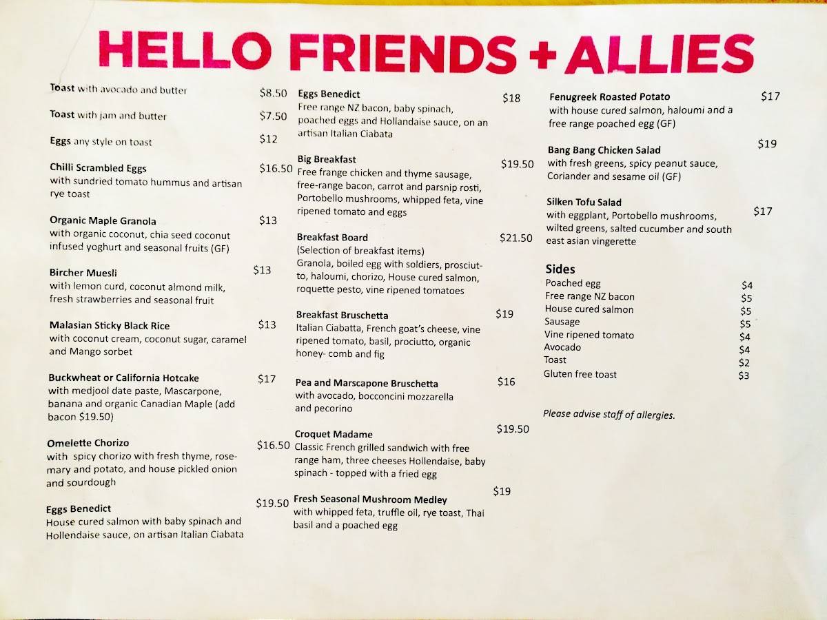Menu at Hello Friends + Allies cafe, Auckland
