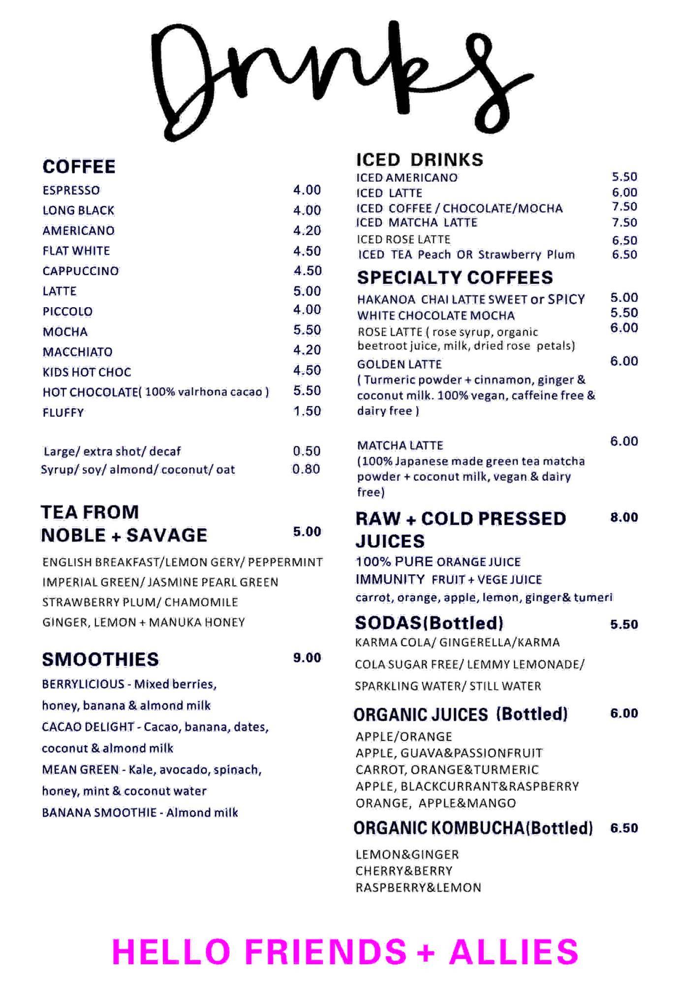 Menu at Hello Friends + Allies cafe, Auckland