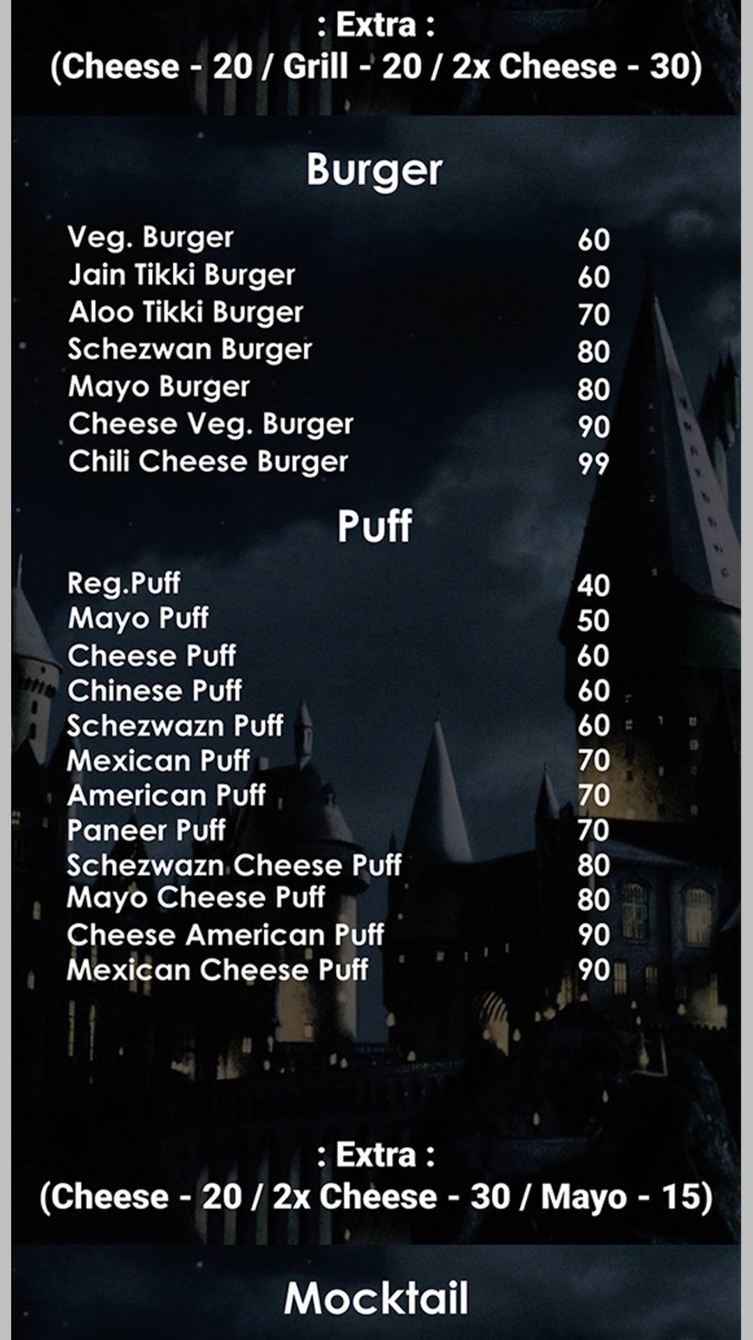 Menu at Cafe Hogwarts, Ahmedabad