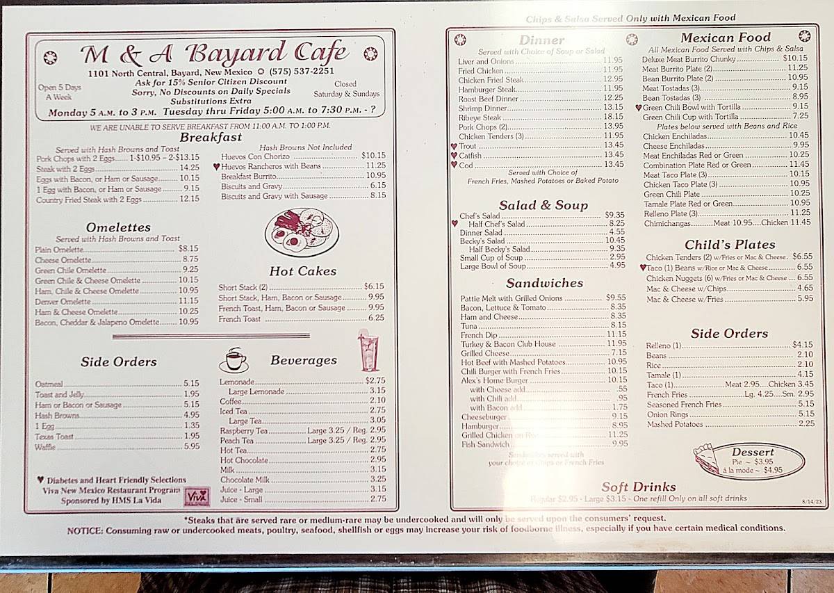 Menu at M & A Bayard Cafe, Bayard