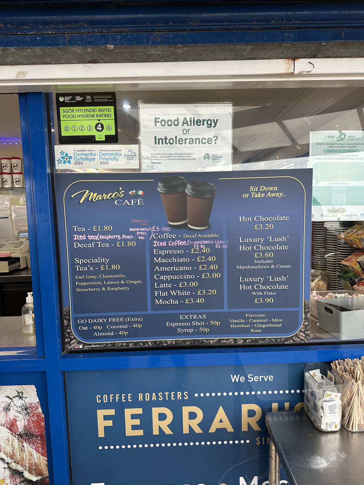 Menu at Marco's Cafe, Barry