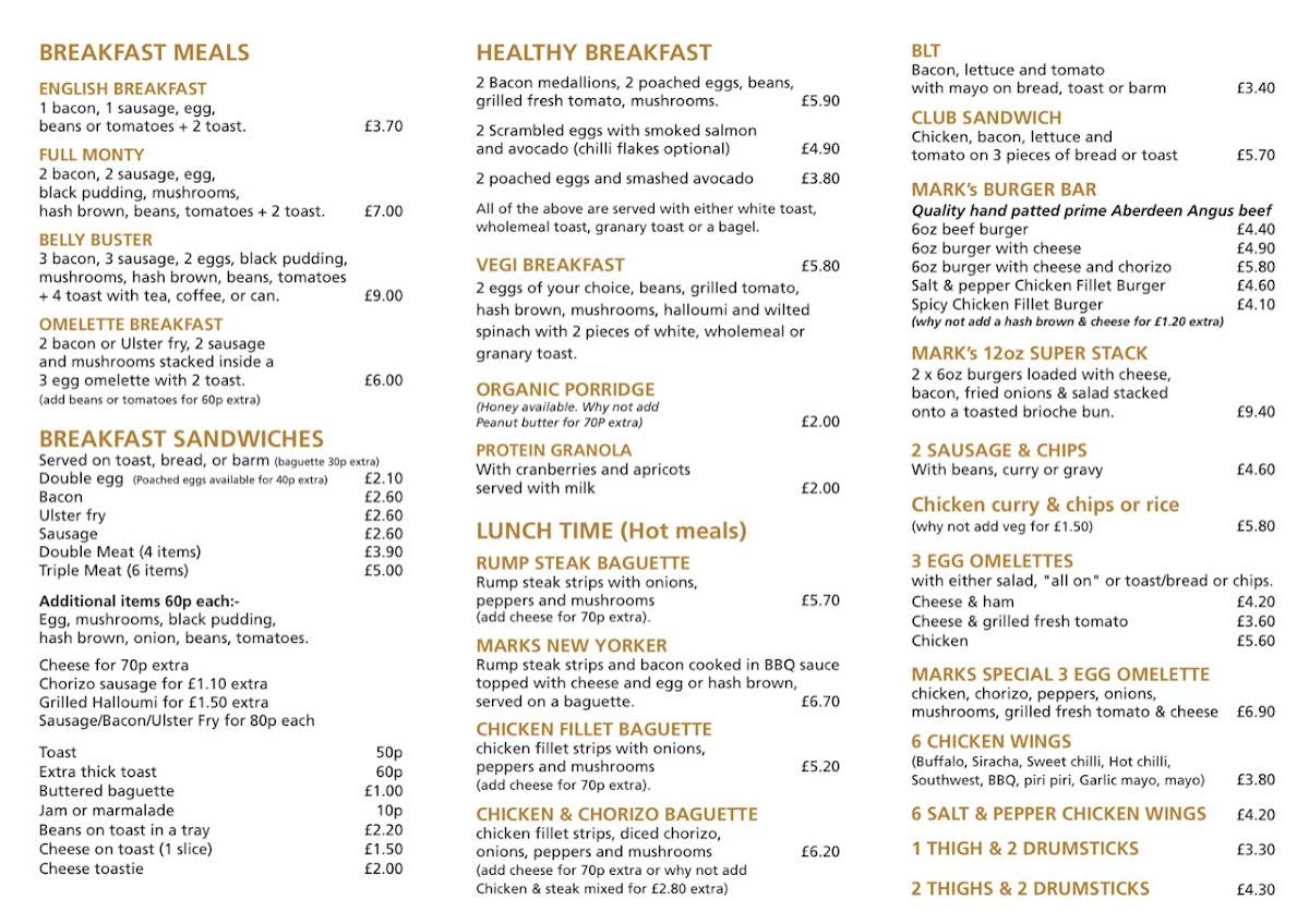 Menu at Marks Kitchen cafe, Liverpool