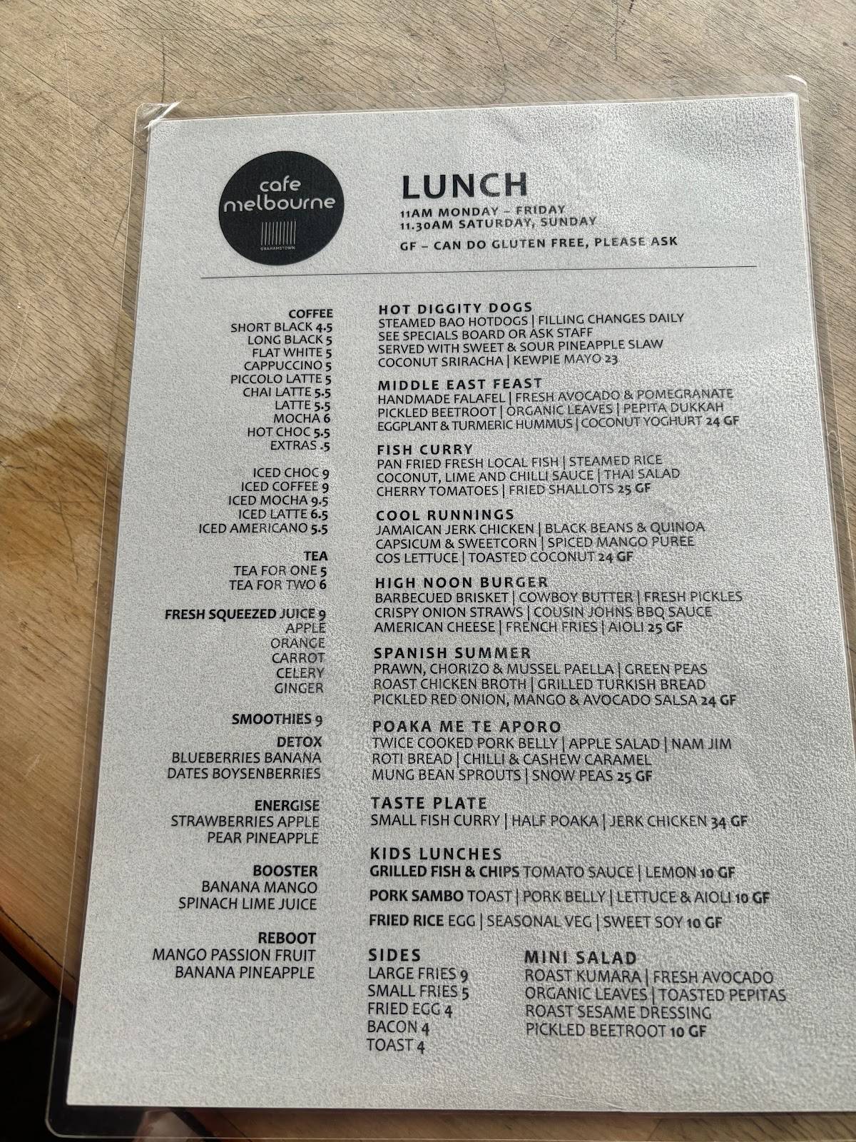 Menu at Cafe Melbourne, Thames