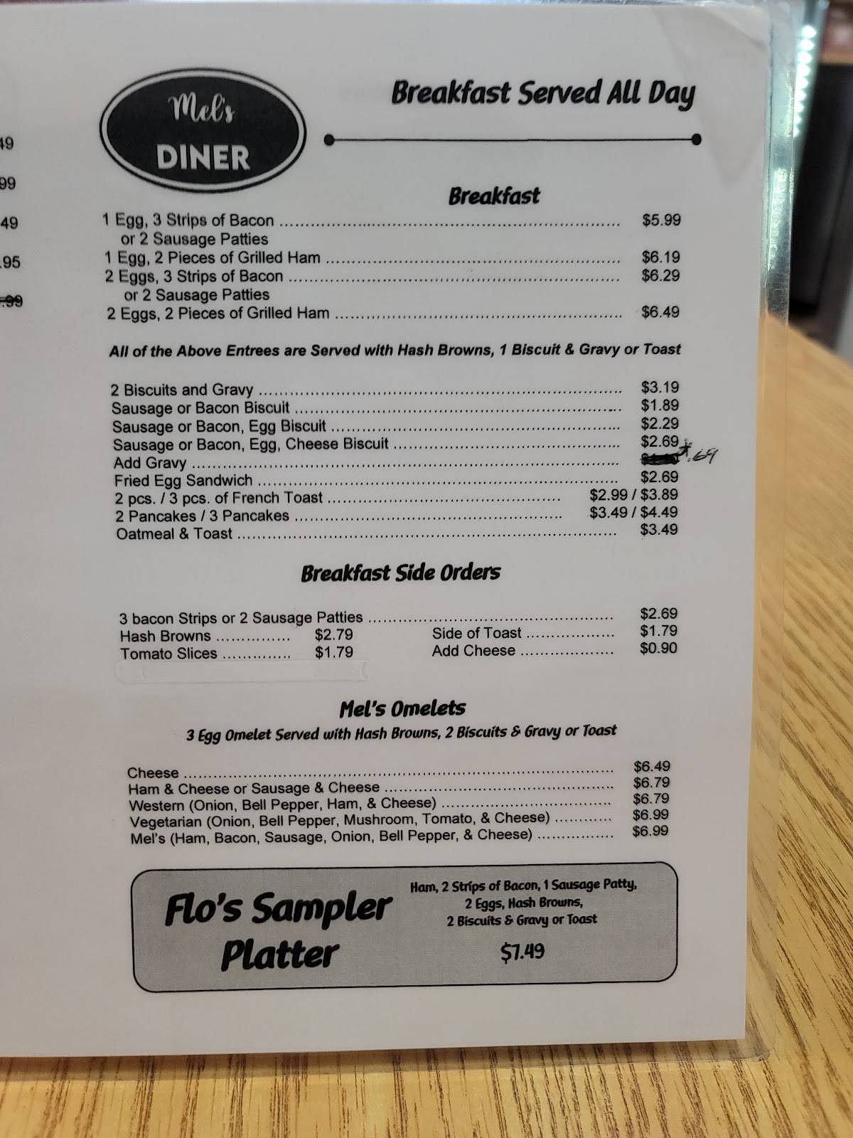 Menu at Mel's Diner cafe, Paducah