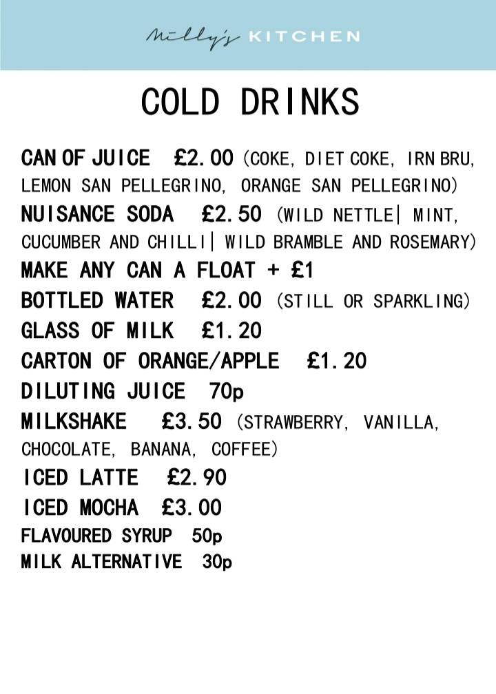 Menu at Milly's Kitchen cafe, Cupar, The Cross