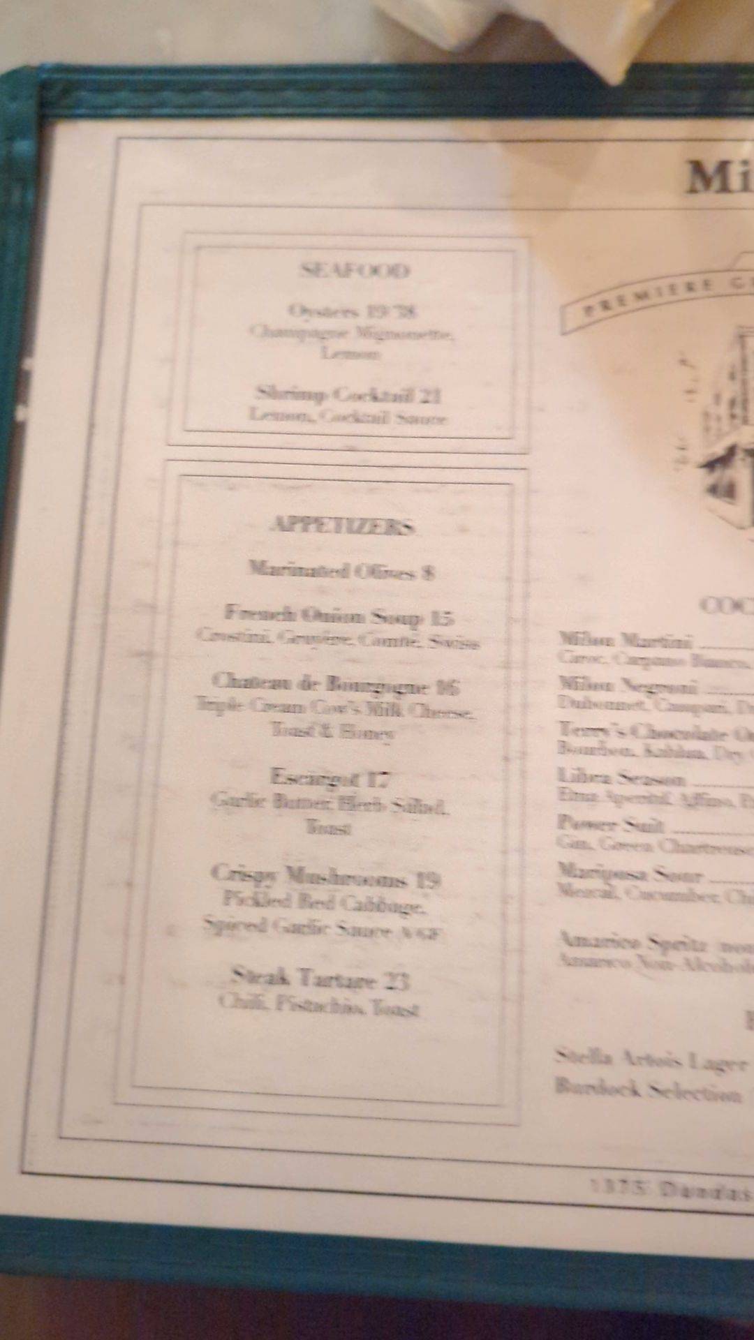 Menu at Milou cafe, Toronto