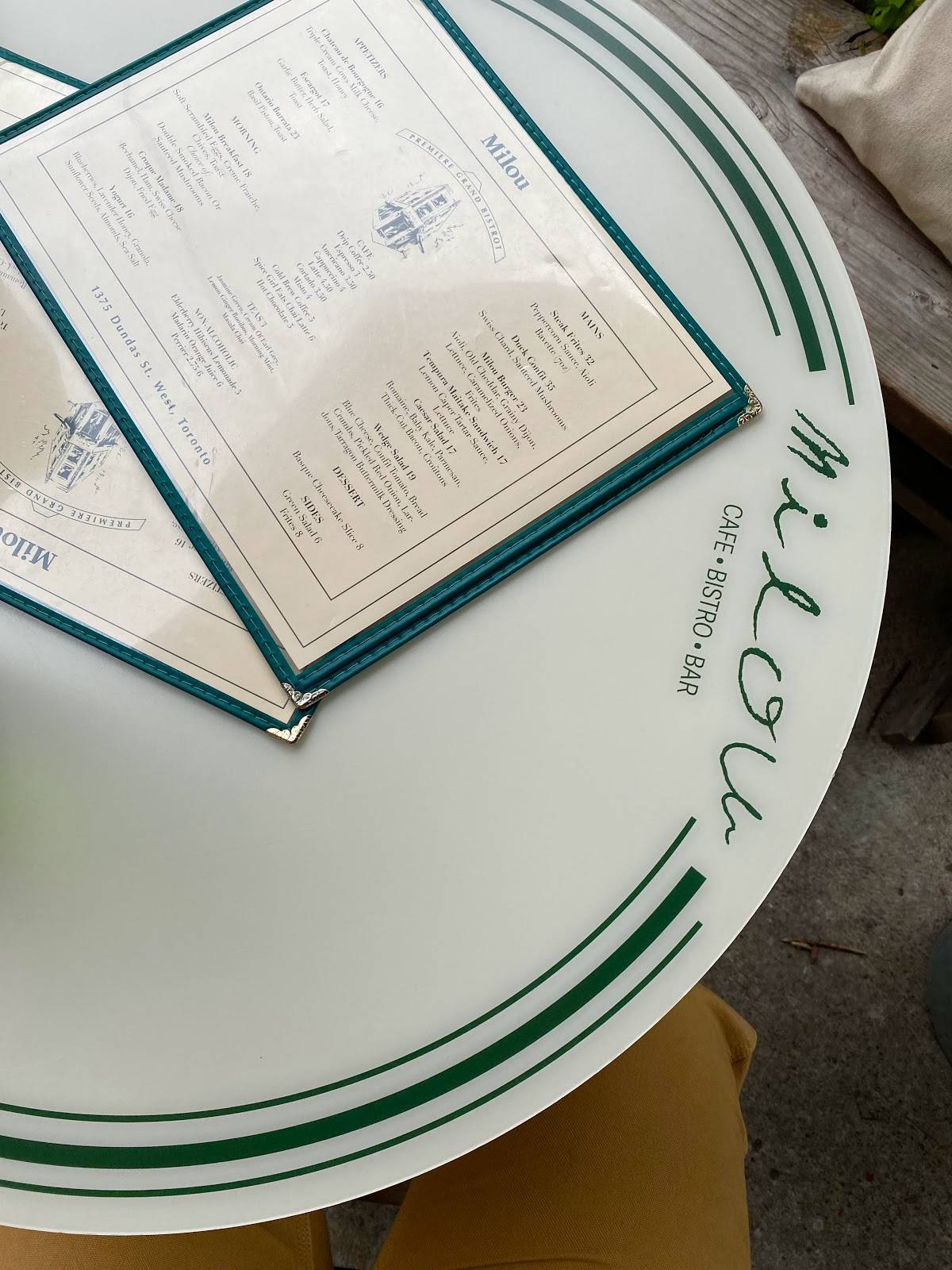 Menu at Milou cafe, Toronto