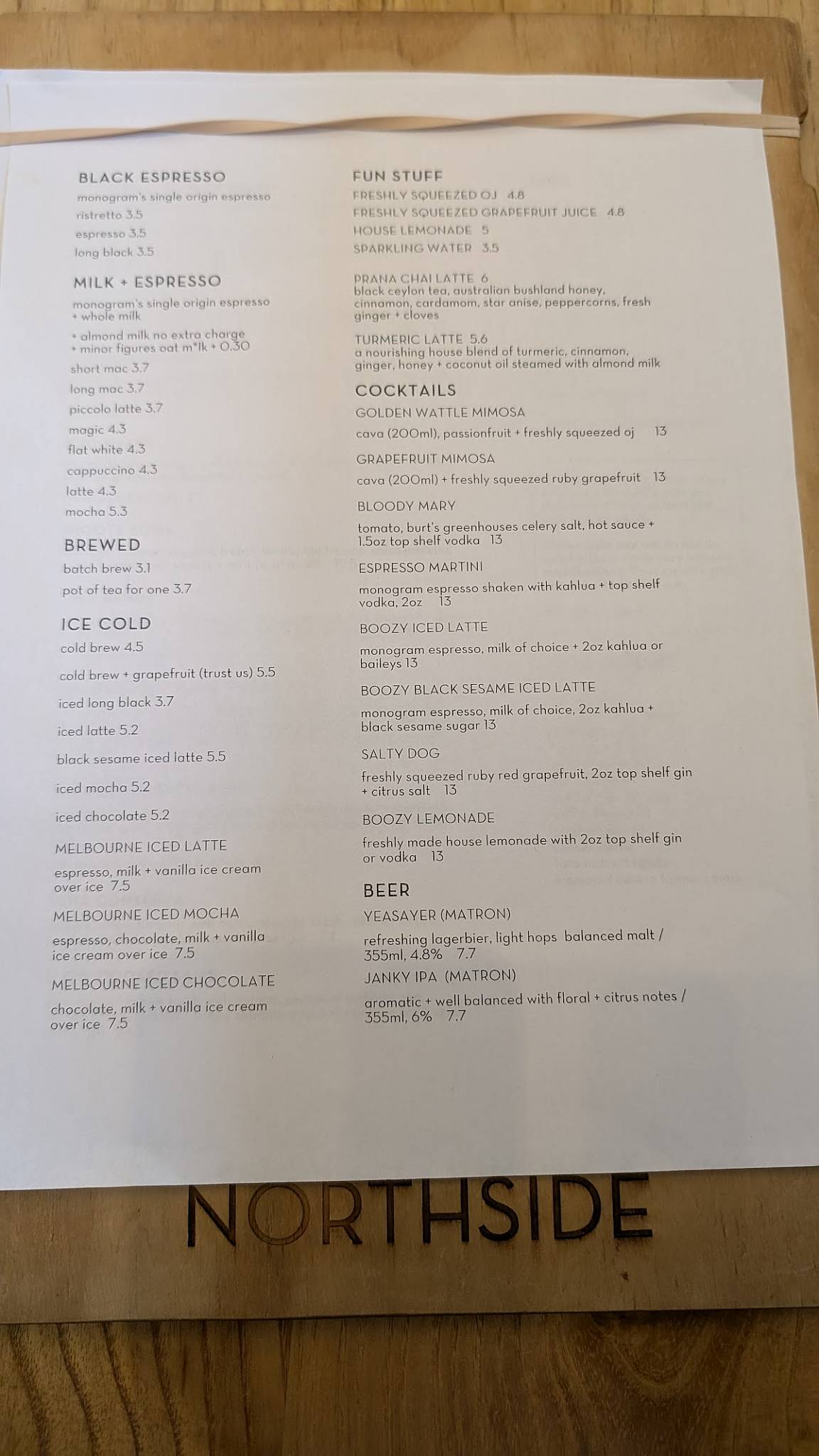 Menu at NORTHSIDE espresso + kitchen cafe, Kingston