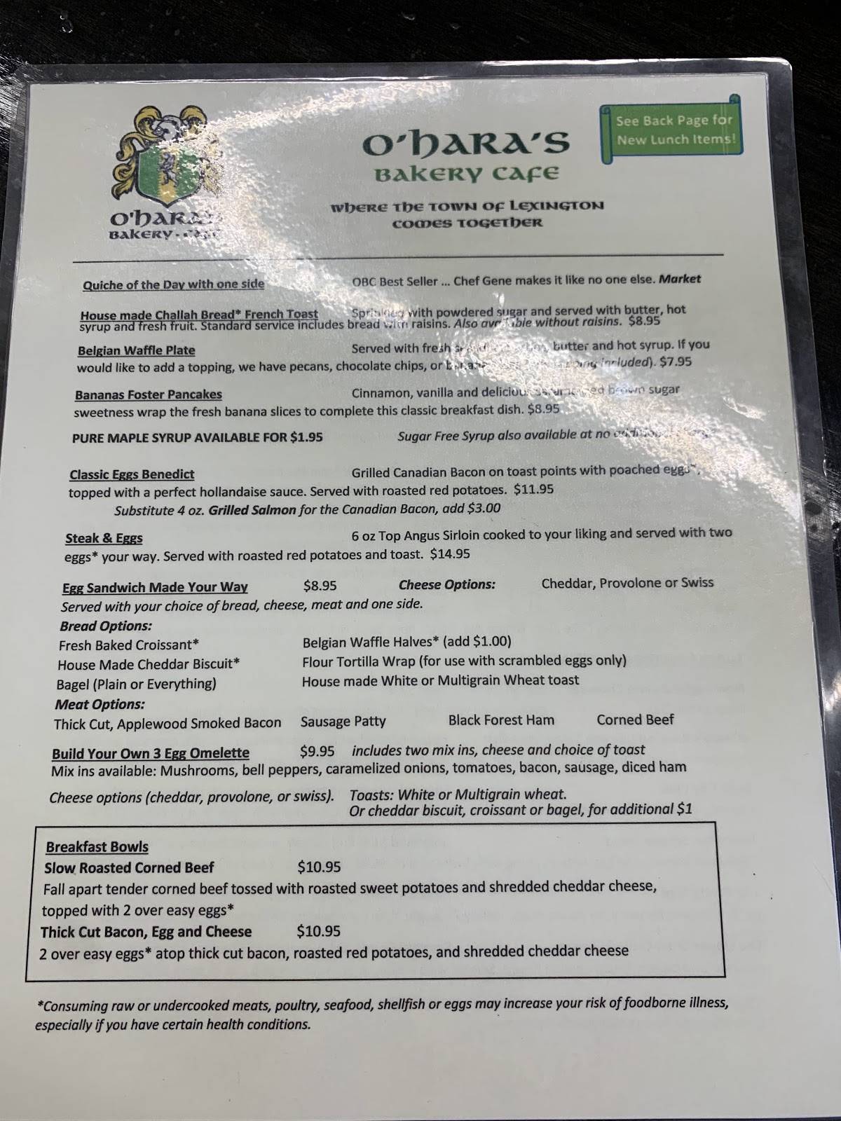 Menu at O’Hara’s Bakery Cafe, Lexington