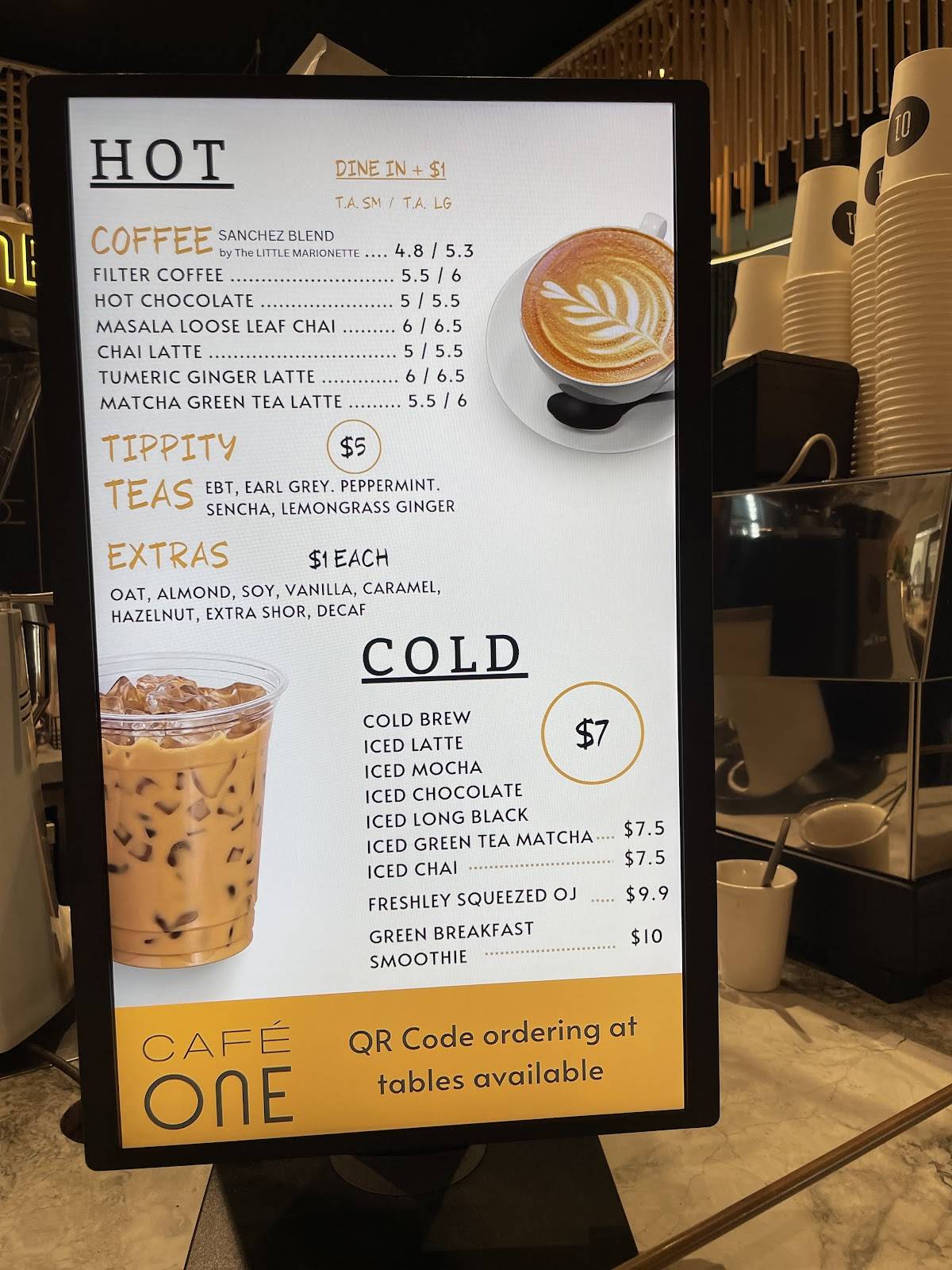 Menu at Cafe One, Sydney