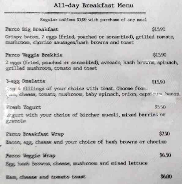 Menu at Café Parco cafe, North Sydney