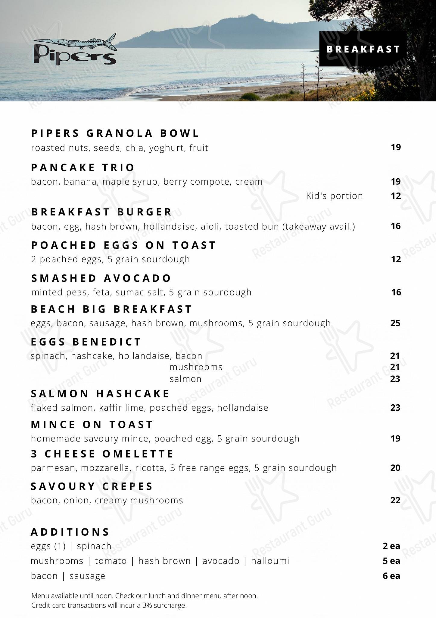 Menu at Pipers Cafe & Catering, Matarangi