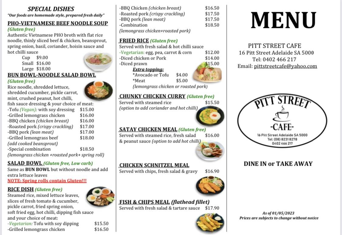 Menu at Pitt Street Cafe, Adelaide