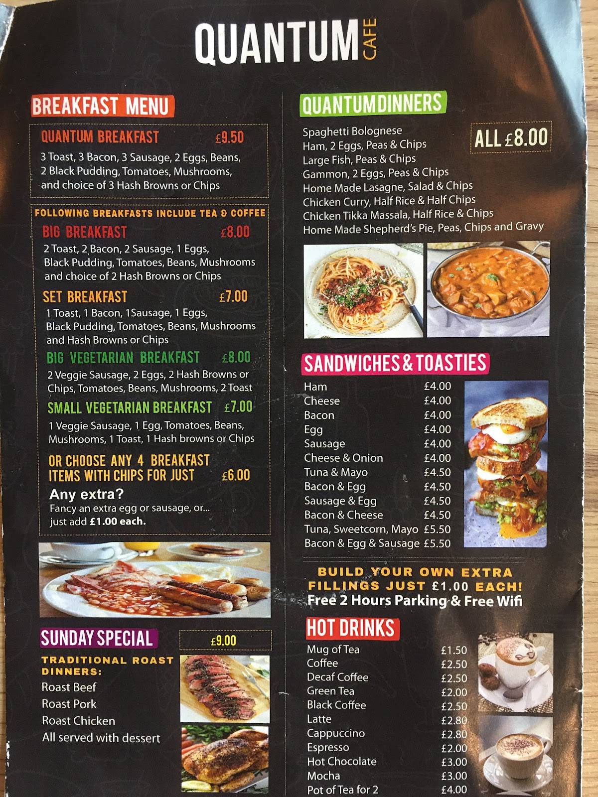 Menu at Quantum Cafe, Cardiff