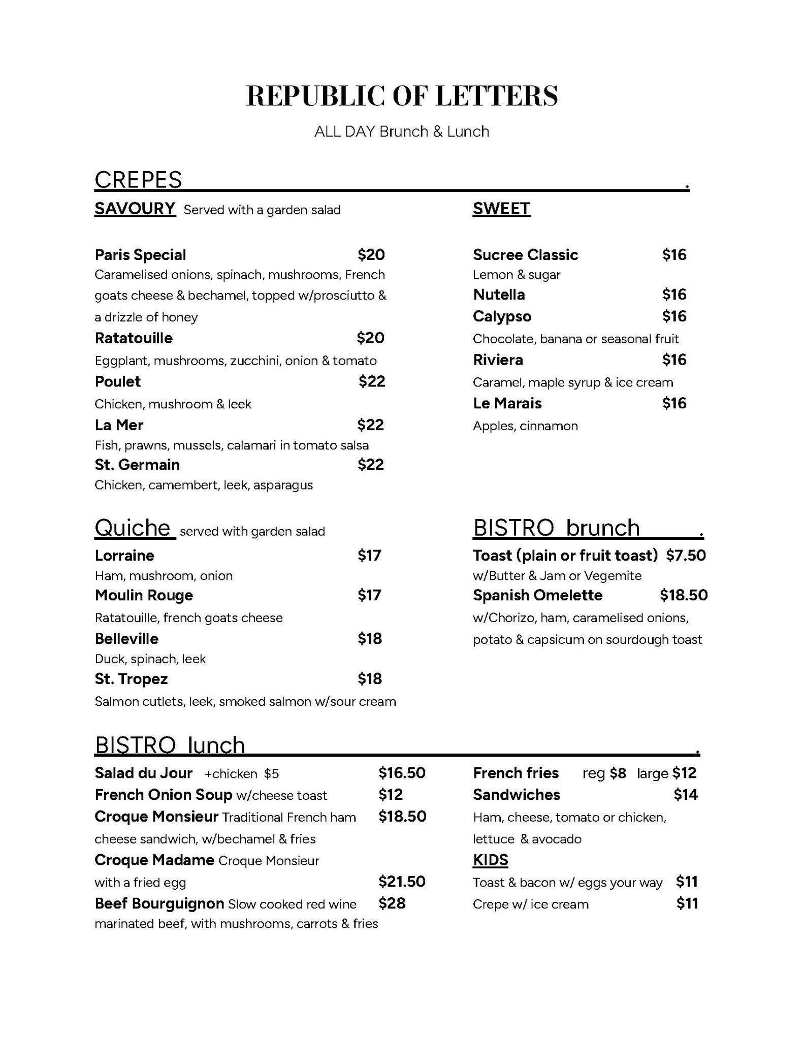 Menu at Republic of Letters, Balwyn