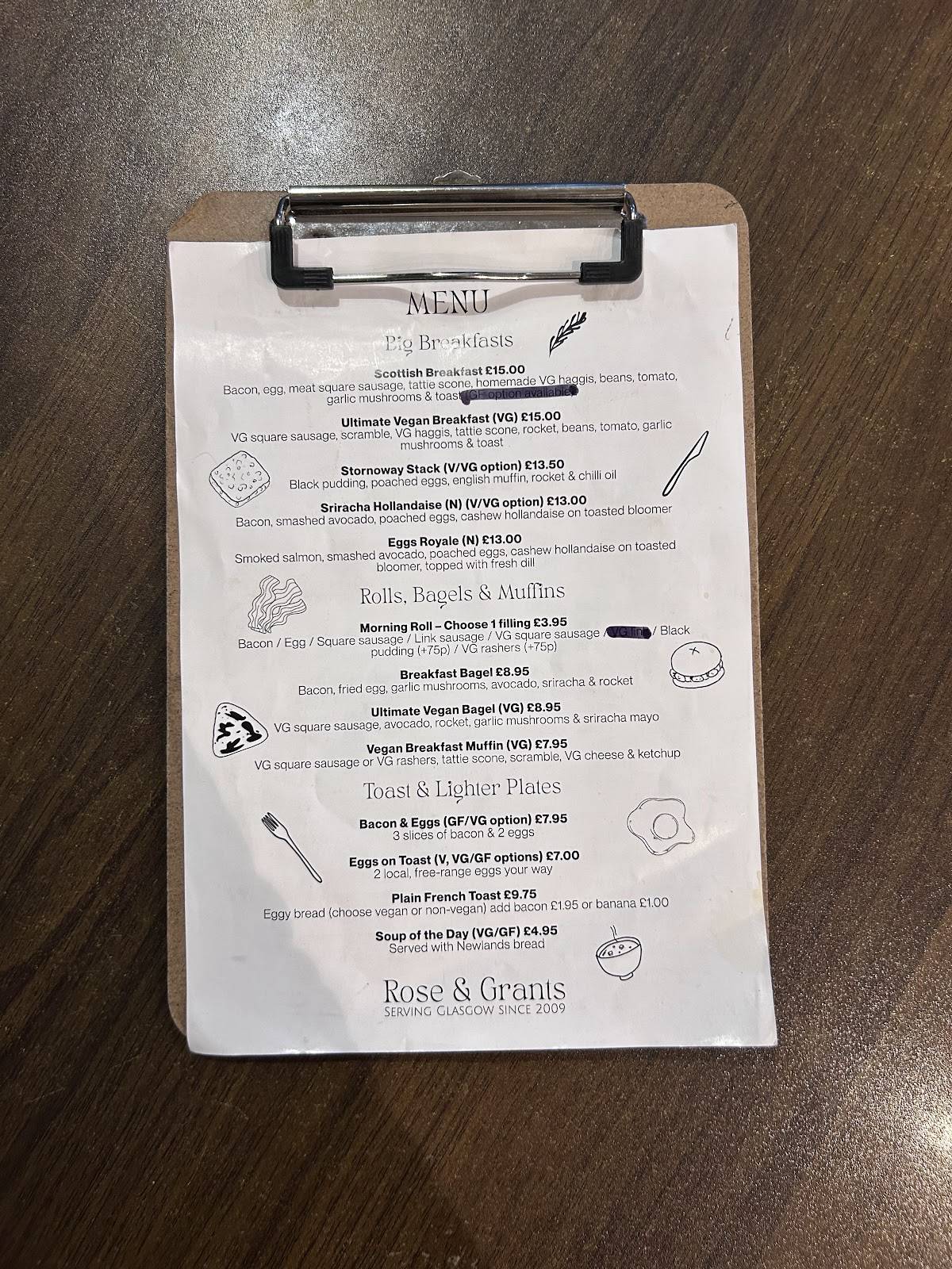 Menu at Rose & Grants Cafe, Glasgow, 27 Trongate