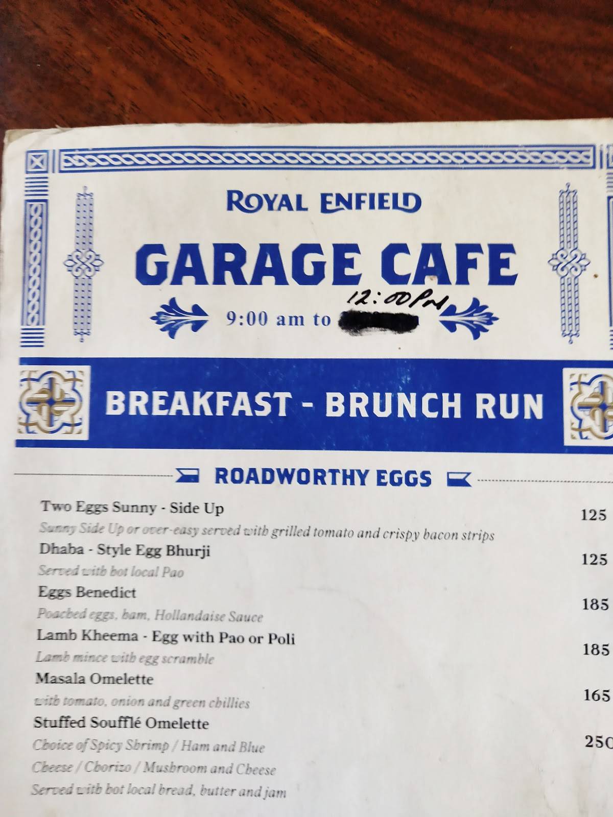 Menu at Royal Enfield Garage Cafe, Baga