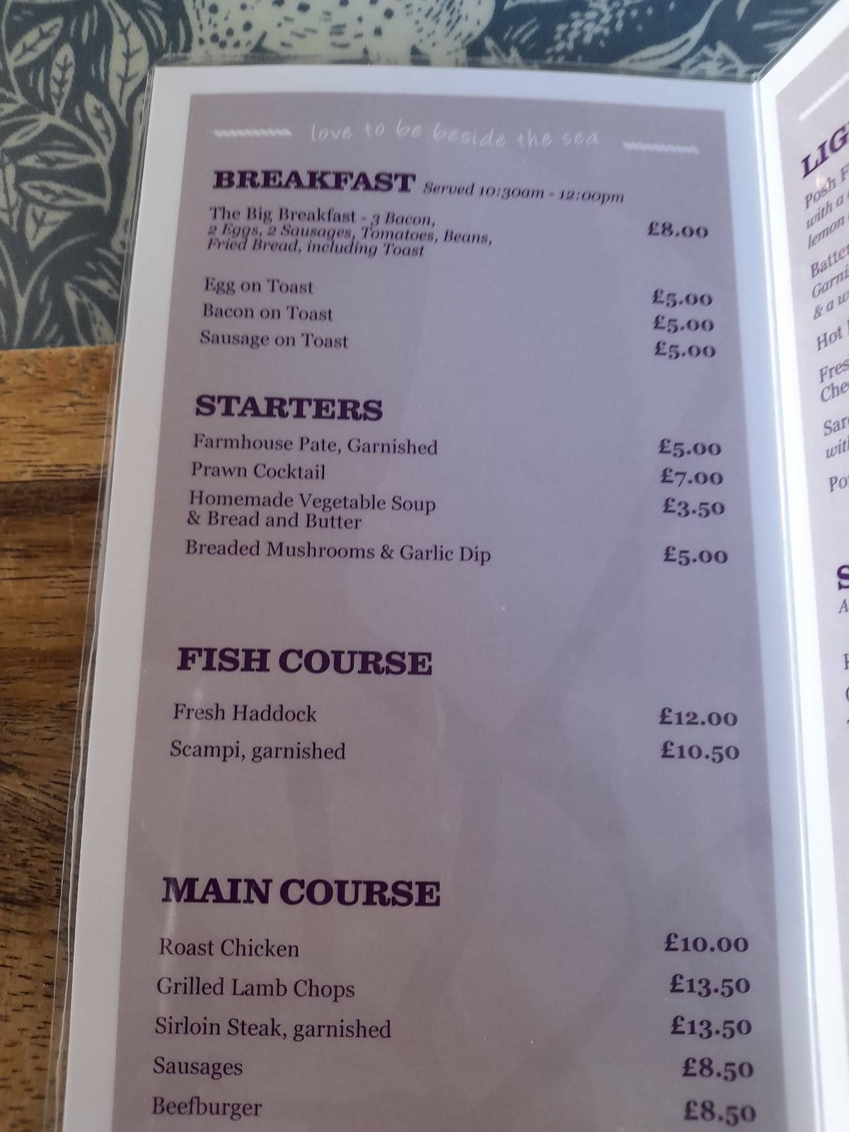 Menu at Café Royal restaurant, Fleetwood