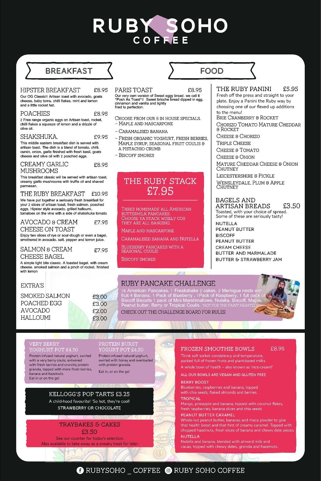 Menu at Ruby Soho cafe, Bridlington