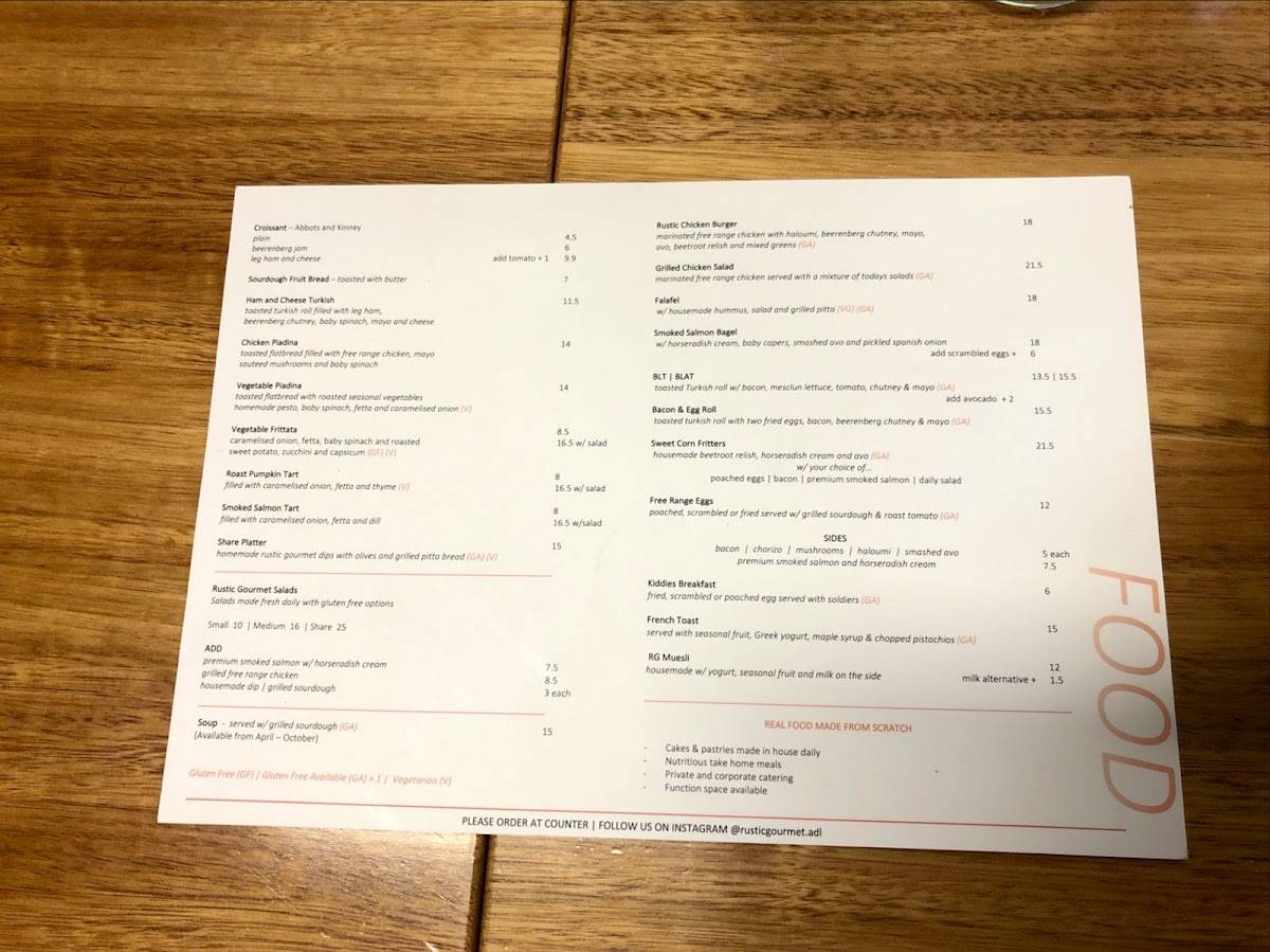 Menu at Rustic Gourmet cafe, Kent Town