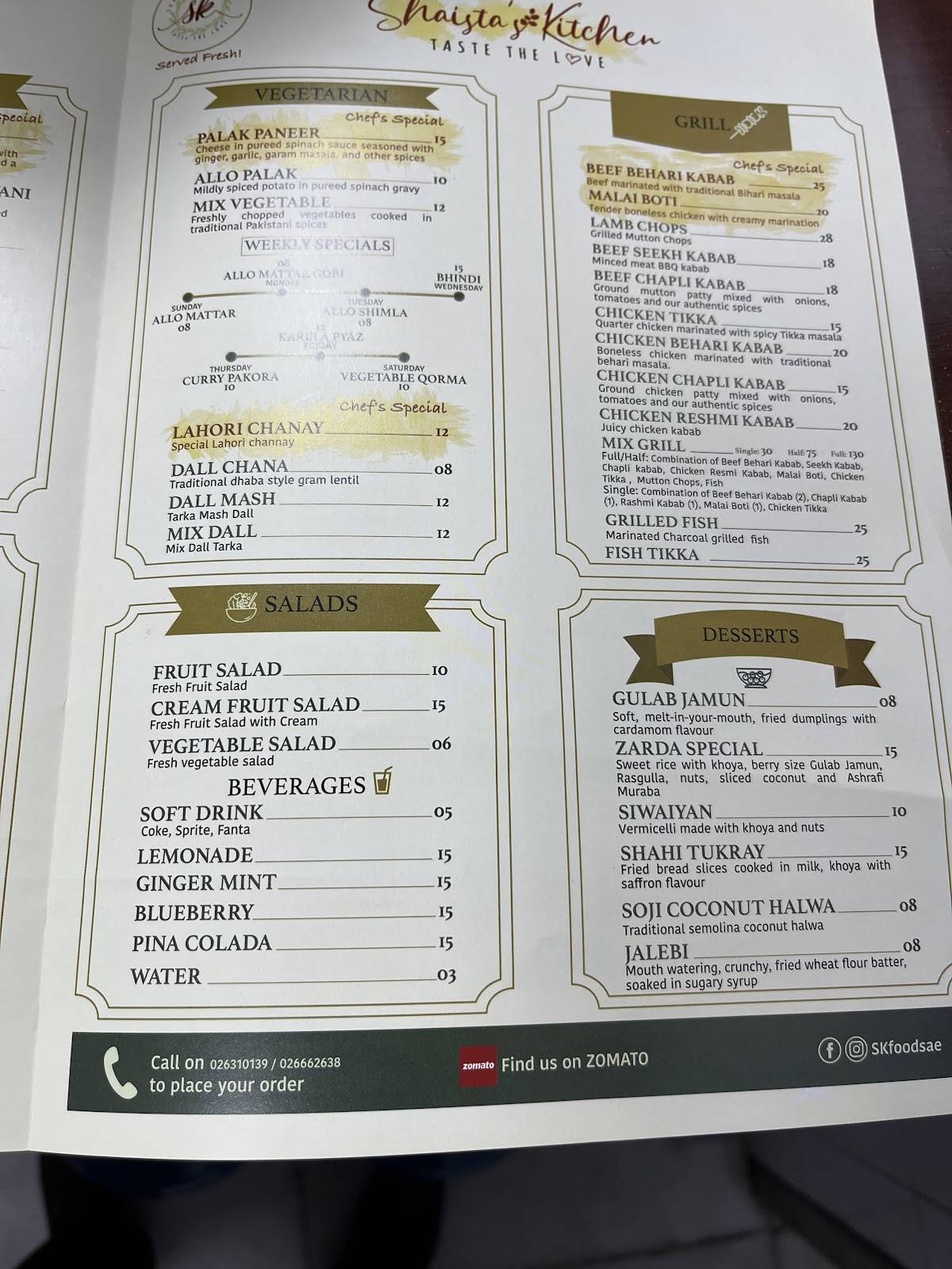 Menu at Shaista's Kitchen cafe, Abu Dhabi, Khālidīyah - شارع اليَحَر