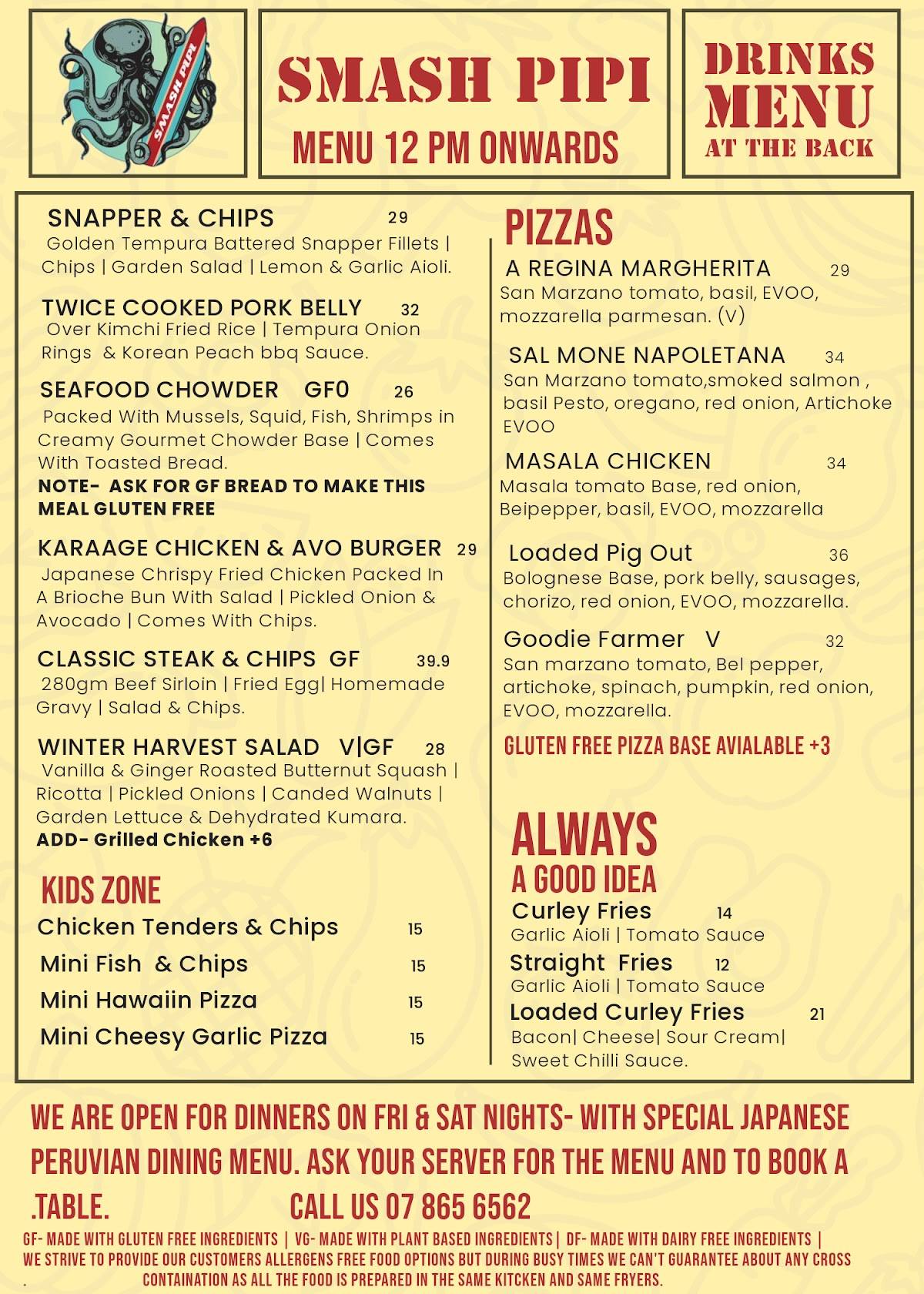 Menu at Smash Pipi cafe, Whangamata