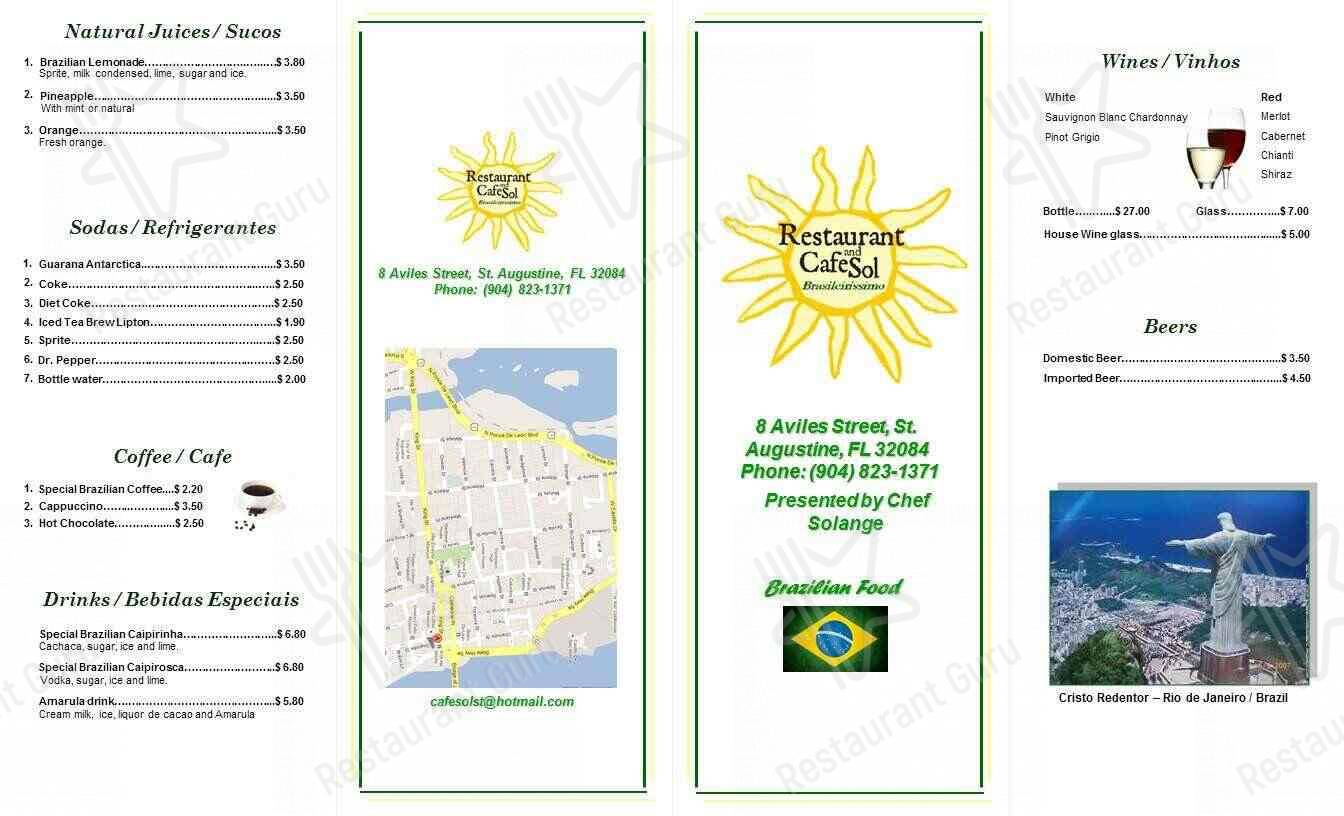 Menu at Cafe Sol, St. Augustine