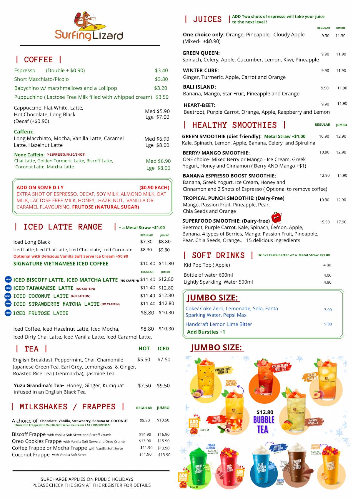 Menu at Surfing Lizard - Secret Harbour cafe, Secret Harbour