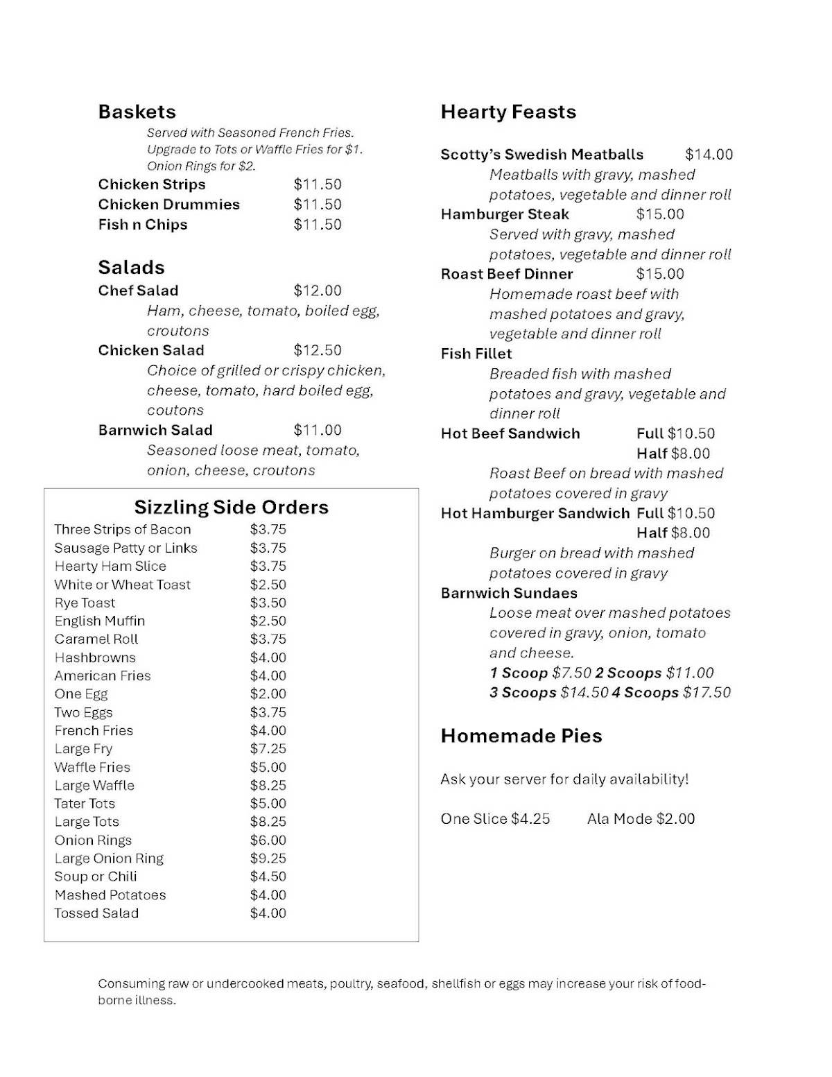 Menu at The Barn, Brainerd