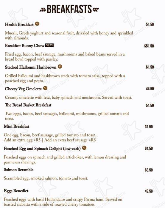 Menu at The Bread Basket cafe, Johannesburg South