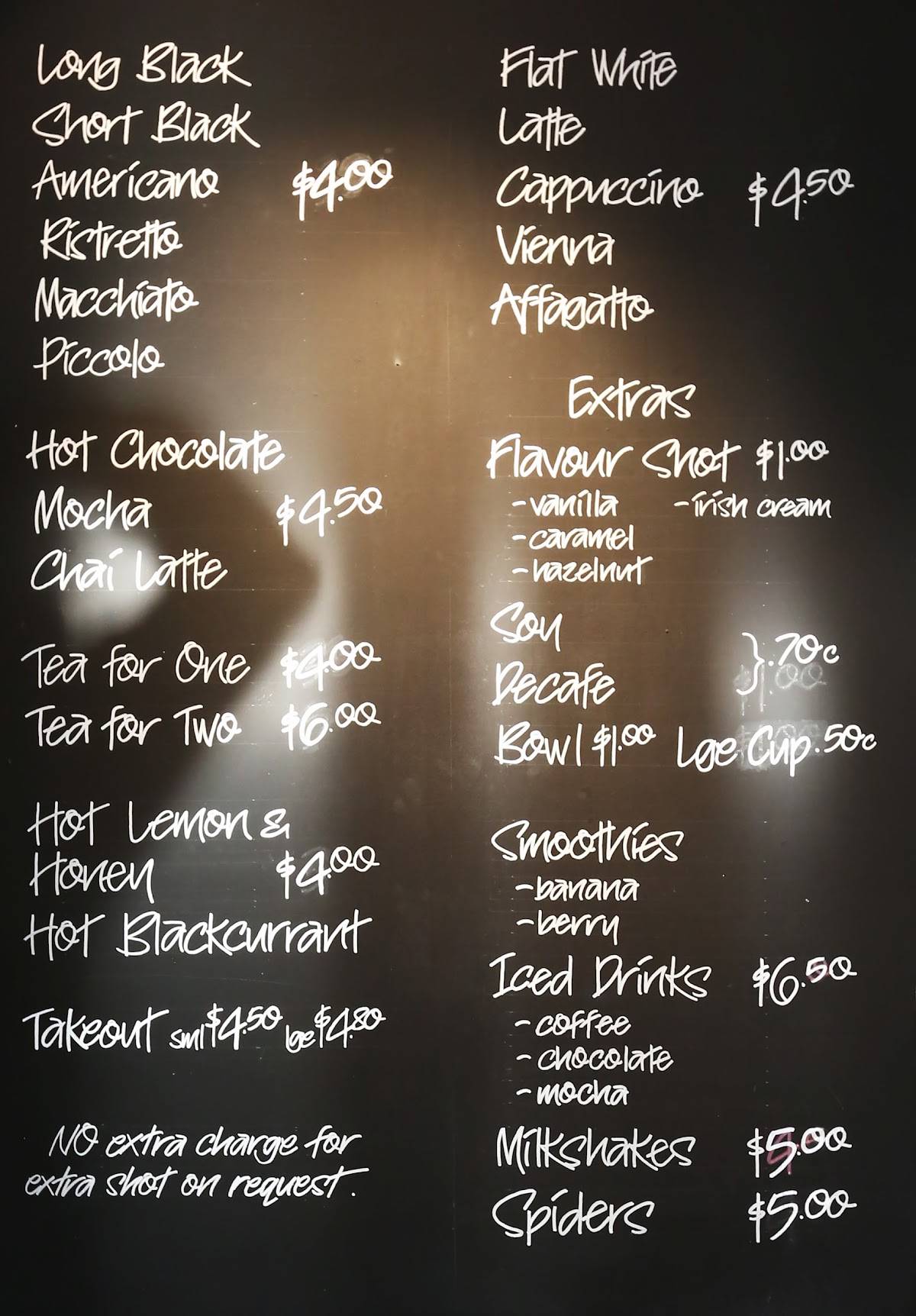 Menu at Dusk bar, Christchurch