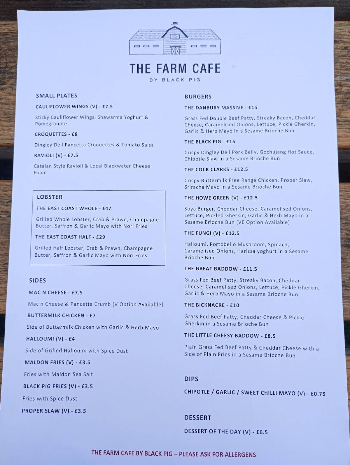 Menu at The Farm Cafe by Black Pig, Maldon