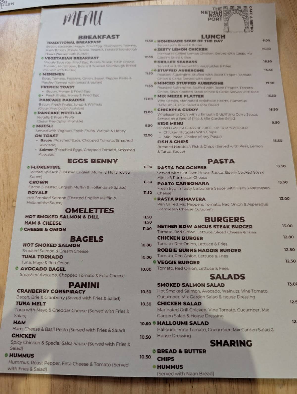 Menu at The Nether Bow Port Cafe & Bistro, Edinburgh