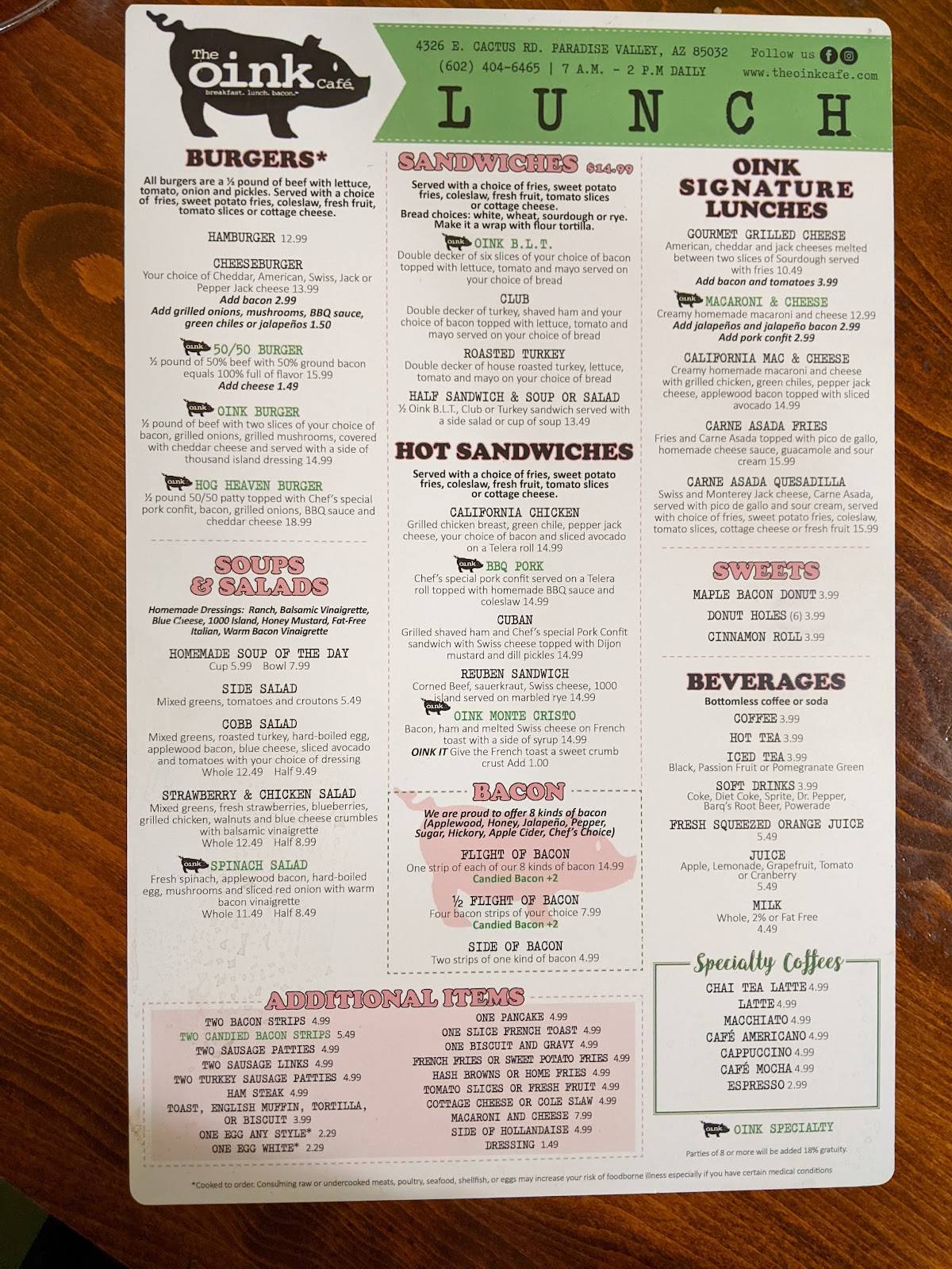 Menu at The Oink Cafe, Phoenix