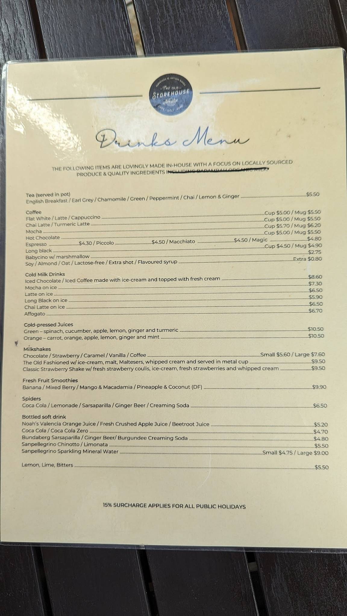 Menu at The Old Storehouse cafe, Dayboro, 30 Williams St
